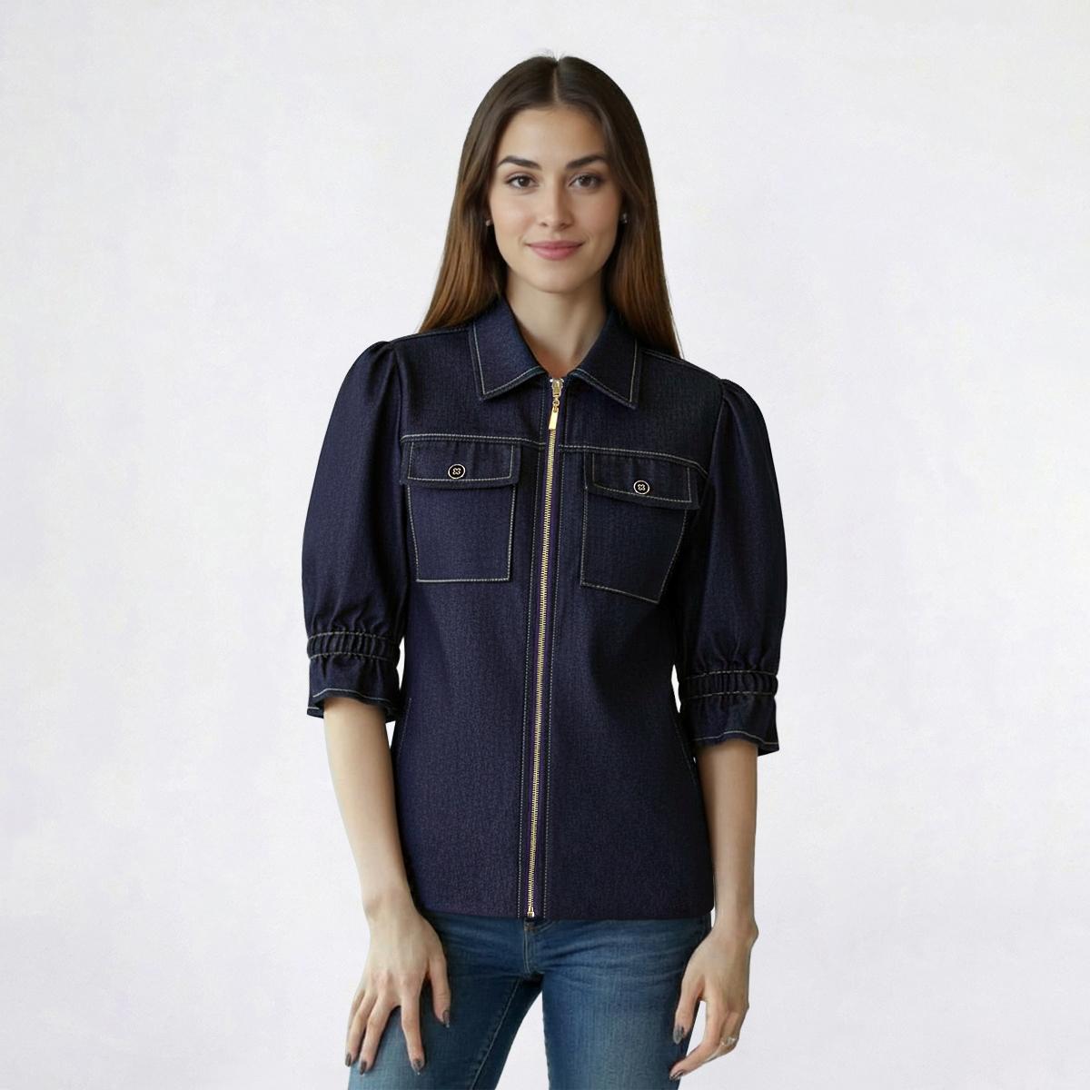 Click here for Womens Nannette Lepore Elbow Scrunch Sleeve Denim... prices